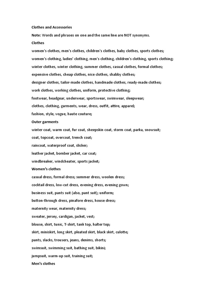 List of Clothes and Accesories | PDF | Clothing | Sweater