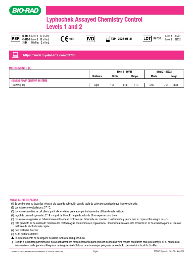 Lyphochek Assayed Chemistry Control Levels 1 and 2: Instrumento | PDF