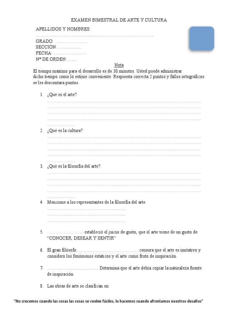 Examen bimestral de arte y cultura: Preguntas y respuestas sobre conceptos básicos del arte, la ...
