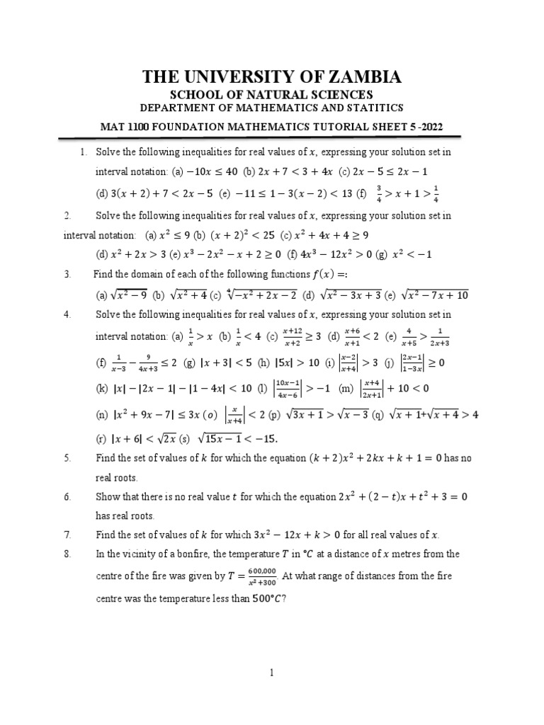 MAT1100 Tutorial Sheet 5-2022 | PDF | Inequality (Mathematics) | Mathematical Concepts