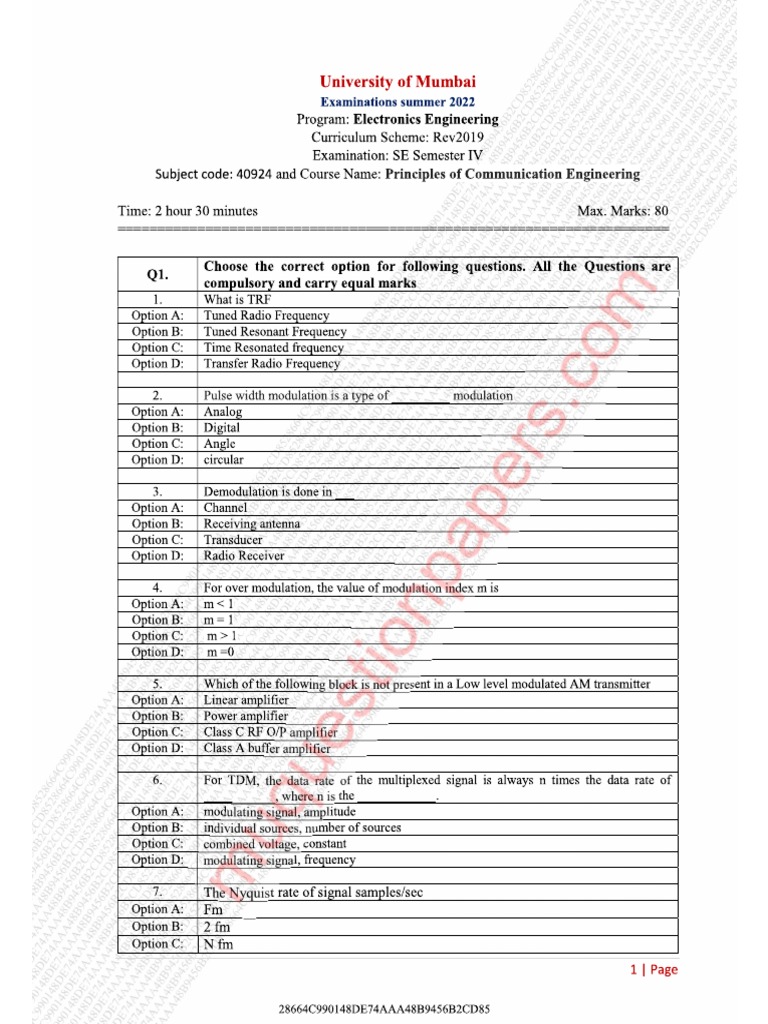 Be - Electronics Engineering - Semester 4 - 2022 - May - Principles of Communication Enggrev ...