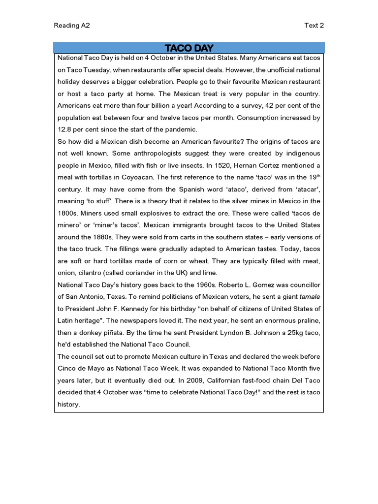 Reading 2 Taco Day A2 | PDF | Taco | Mexican Cuisine