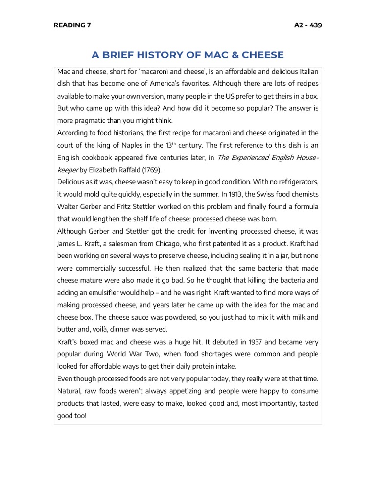 Reading 7 - Mac & Cheese | PDF | Macaroni And Cheese | Western Cuisine