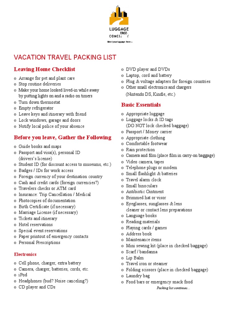 Vacation Travel Packing Checklist | PDF | Clothing | Baggage