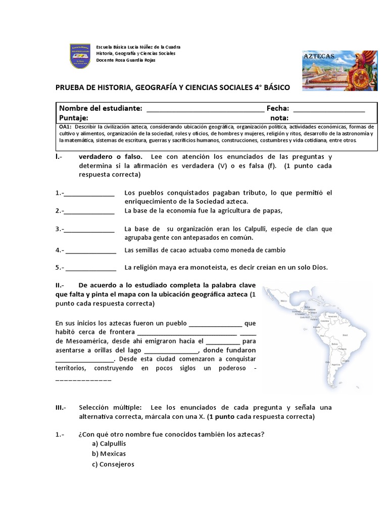 Prueba Los Aztecas 4° Básico | PDF | Civilización maya
