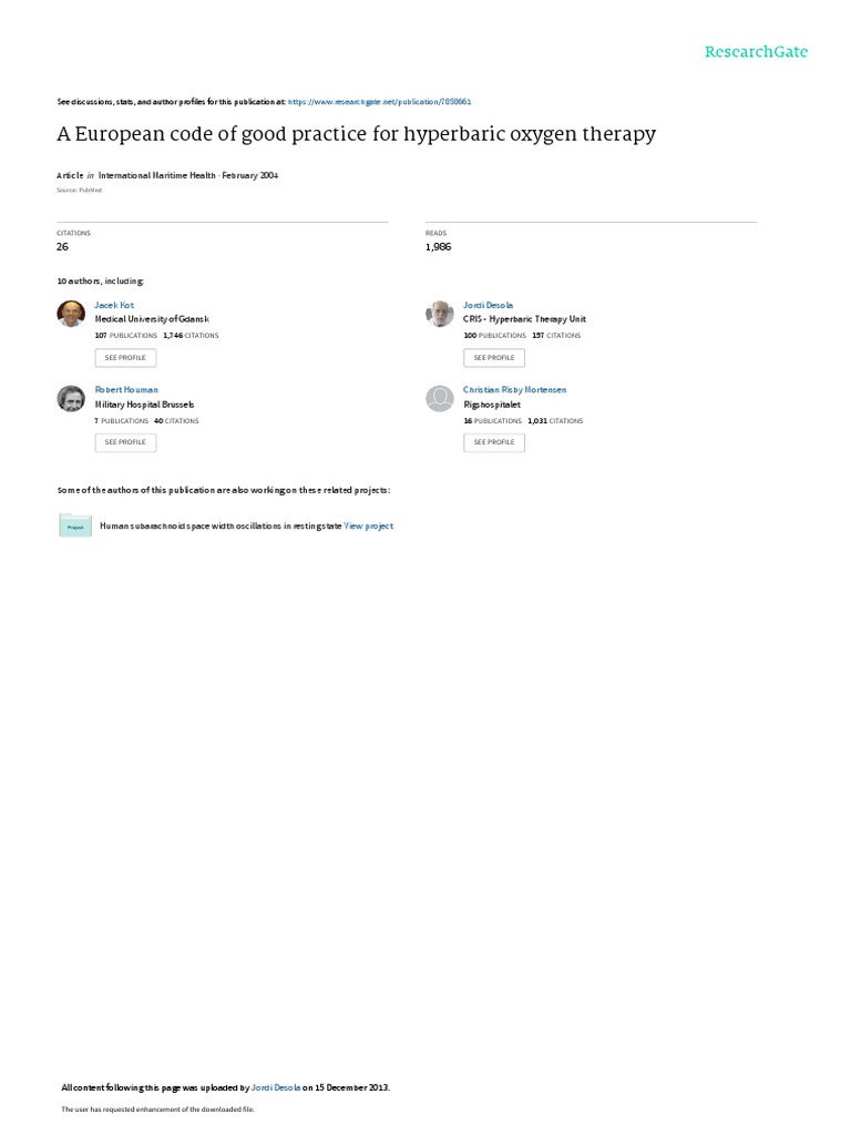 A European Code of Good Practice For Hyperbaric Ox | PDF | Underwater ...