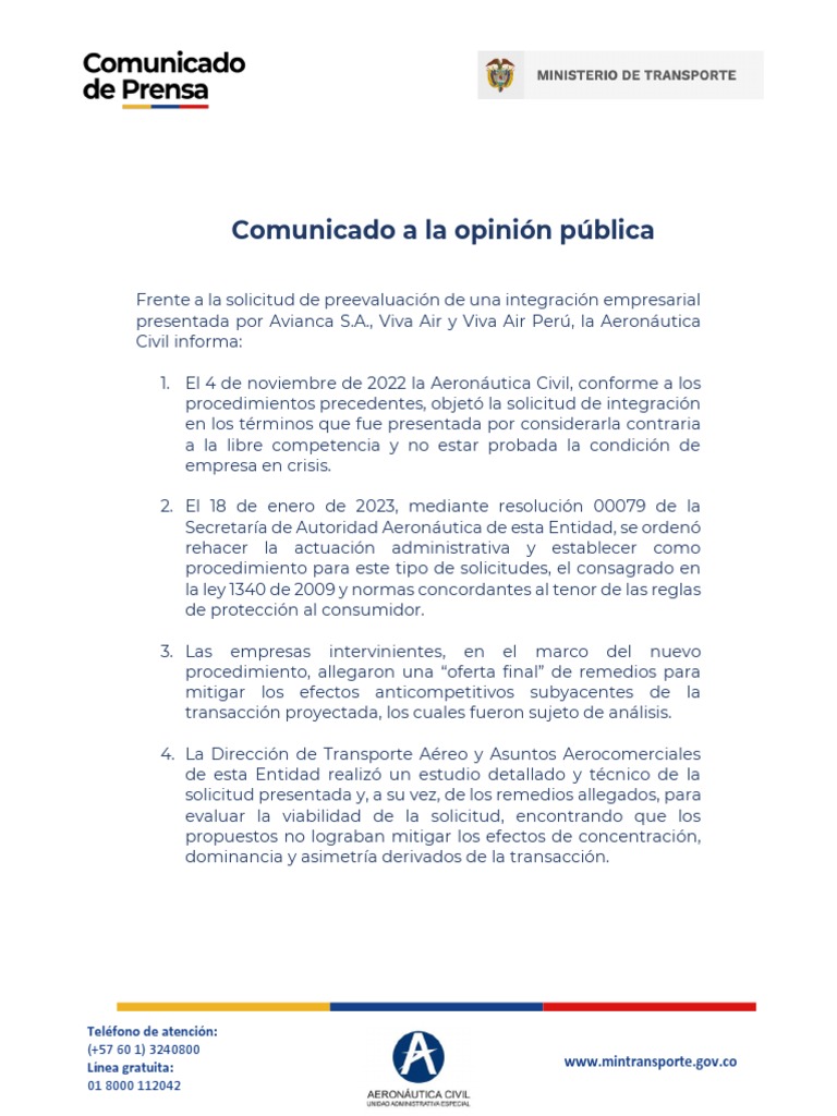 Aerocivil Comunicado Solicitud Integración Avianca Viva | PDF | Economias
