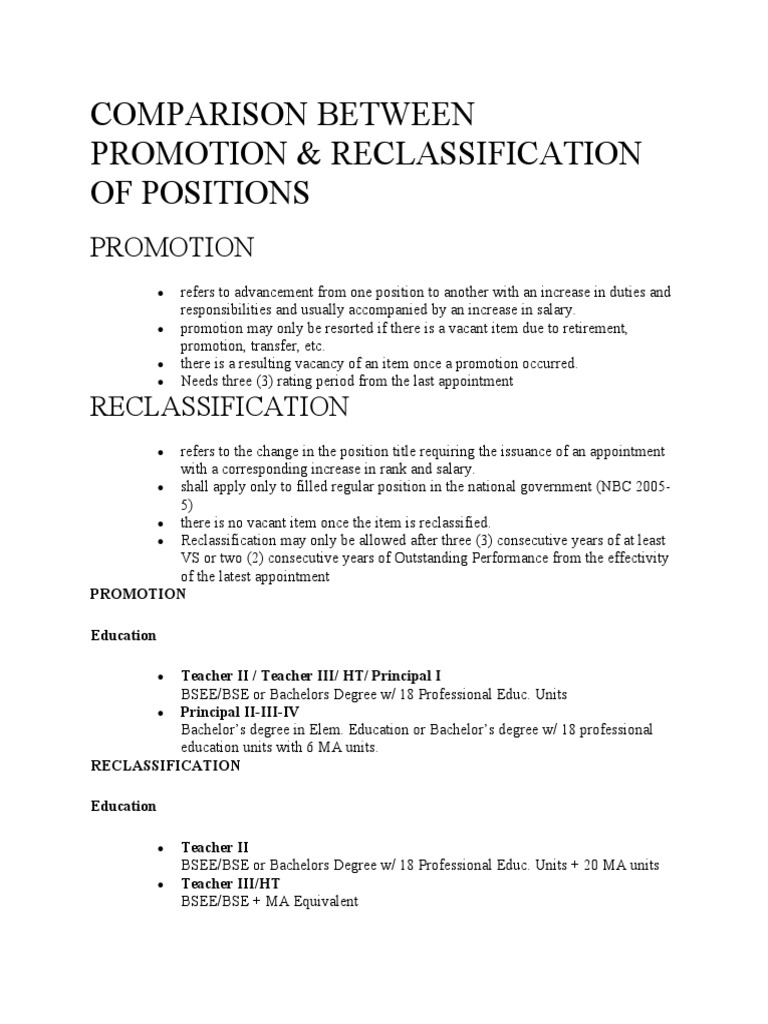 Comparison Between Reclassification and Promotion | PDF | Bachelor Of ...