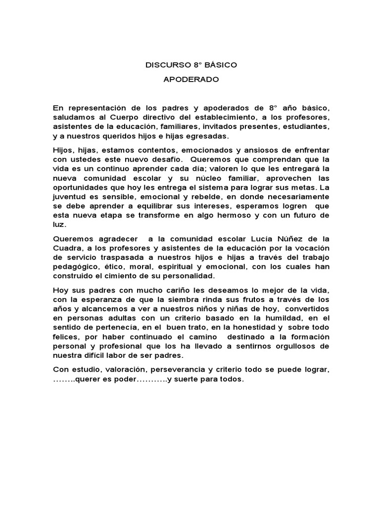 DISCURSO APODERADA 8° | PDF