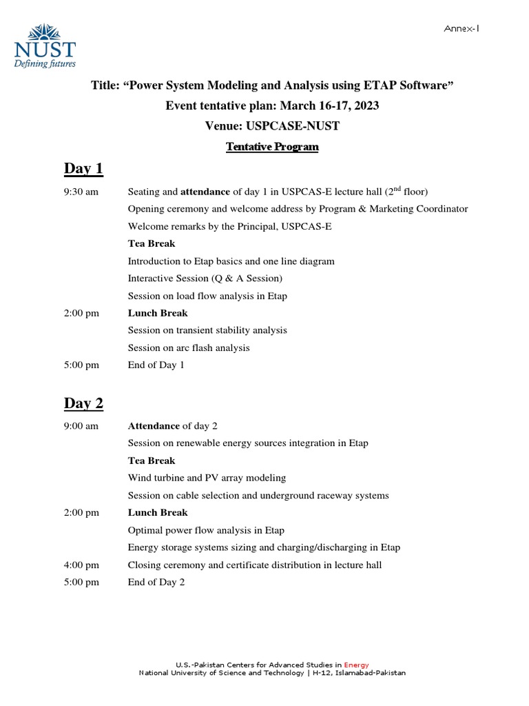 ETAP Workshop Schedule | PDF