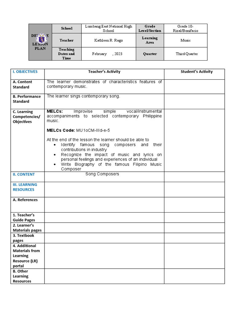 Filipino Music Composers Lesson Plan | PDF | Philippines | Performing Arts