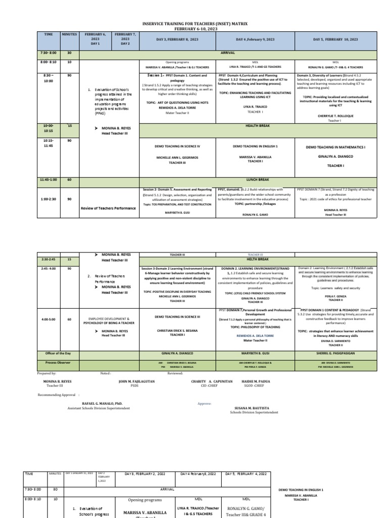 Matrix of Inset 2023 | Download Free PDF | Teachers | Educational ...