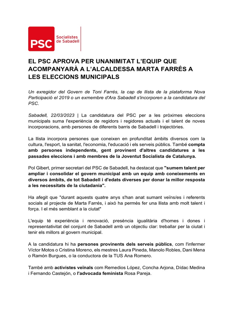 Llista Electoral PSC Sabadell Eleccions Municipals 2023 | PDF