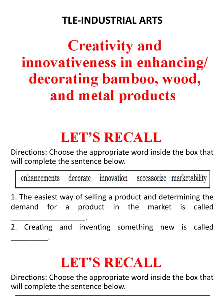 TLE_WEEK 2_Creativity and innovativeness in enhancing.pptx | PDF ...