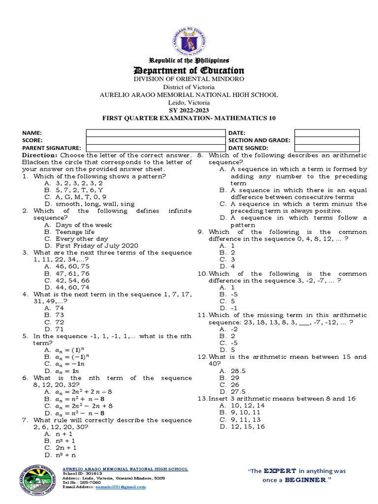 FIRST QUARTER TEST MATH 10 Sy 2022-2023 | PDF | Mean | Mathematical Objects