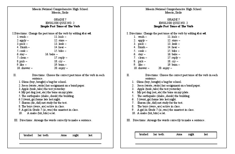 Grade 7-Simple Past Tense-Activity Sheet | PDF | Language Families ...
