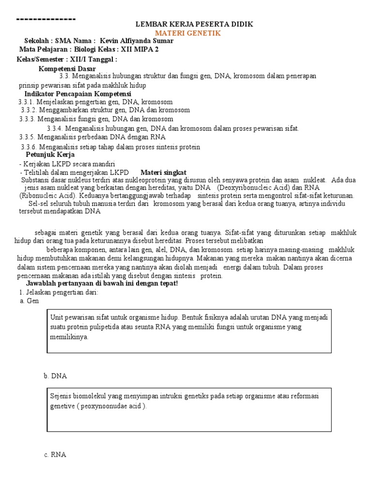 LKPD Materi Genetik. Kevin As - Xii Mipa 2 | PDF