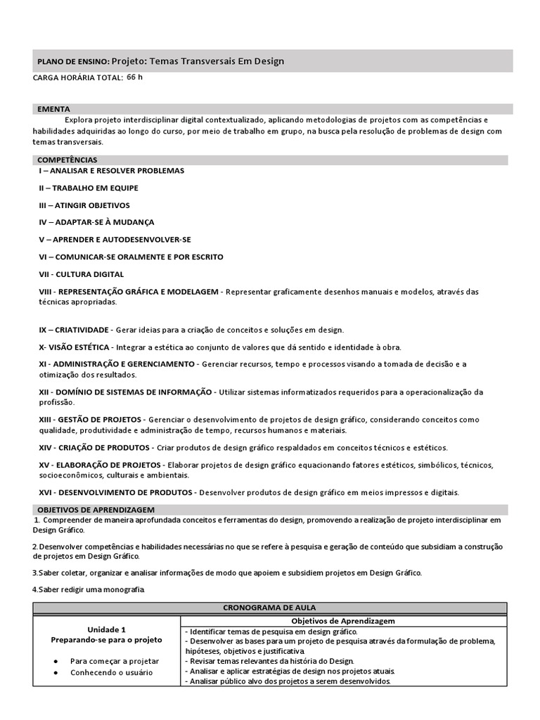 PLANO DE ENSINO Projeto Temas Transversais em Design | PDF | Esboço ...