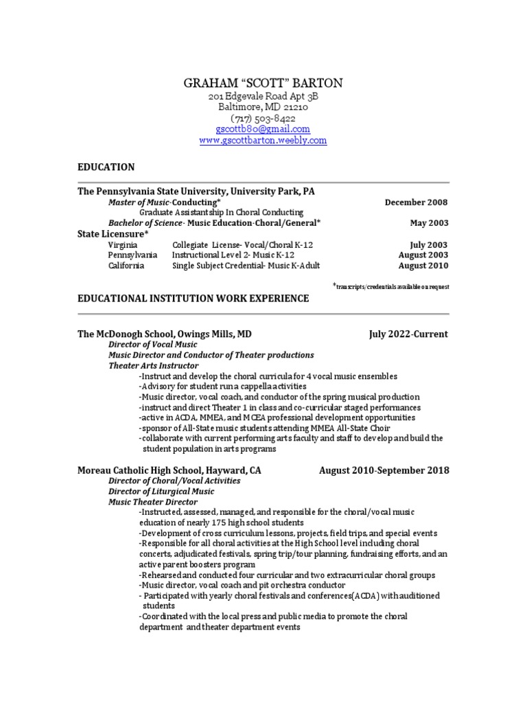 Barton Final Resume March 2023 | PDF | Choir | Conducting