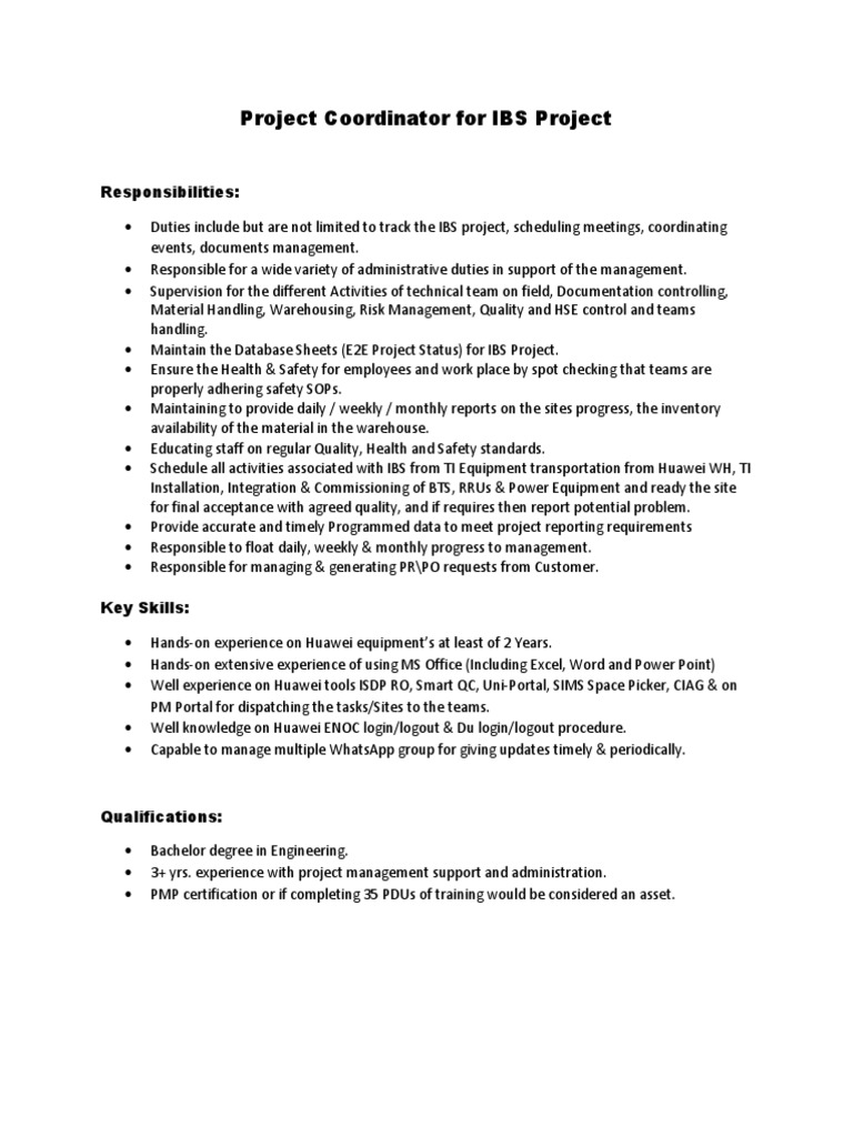 JDs For Project Coordinator For IBS Project of Huawei PDF | PDF