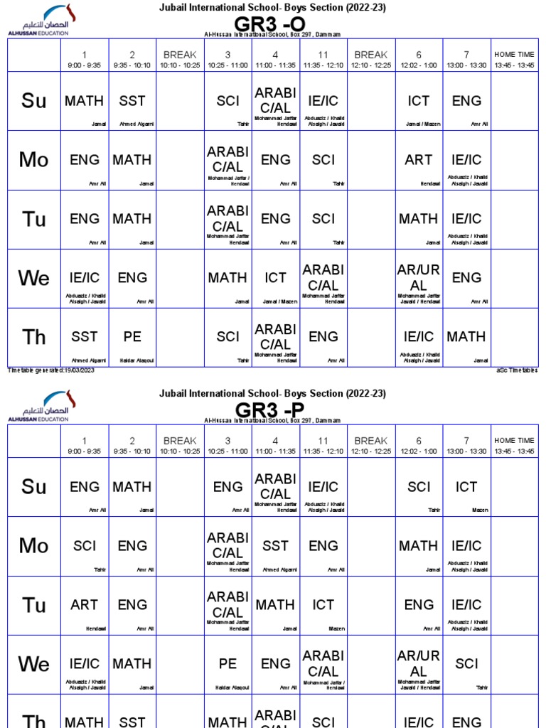 JIS Class Timetable Boys Section 2023 | PDF