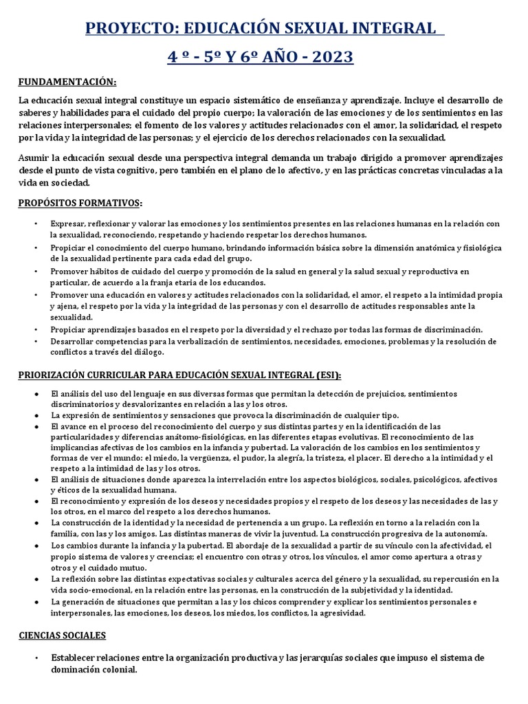 Proyecto Esi Segundo Ciclo 2023 | PDF | Sexualidad | Sociedad