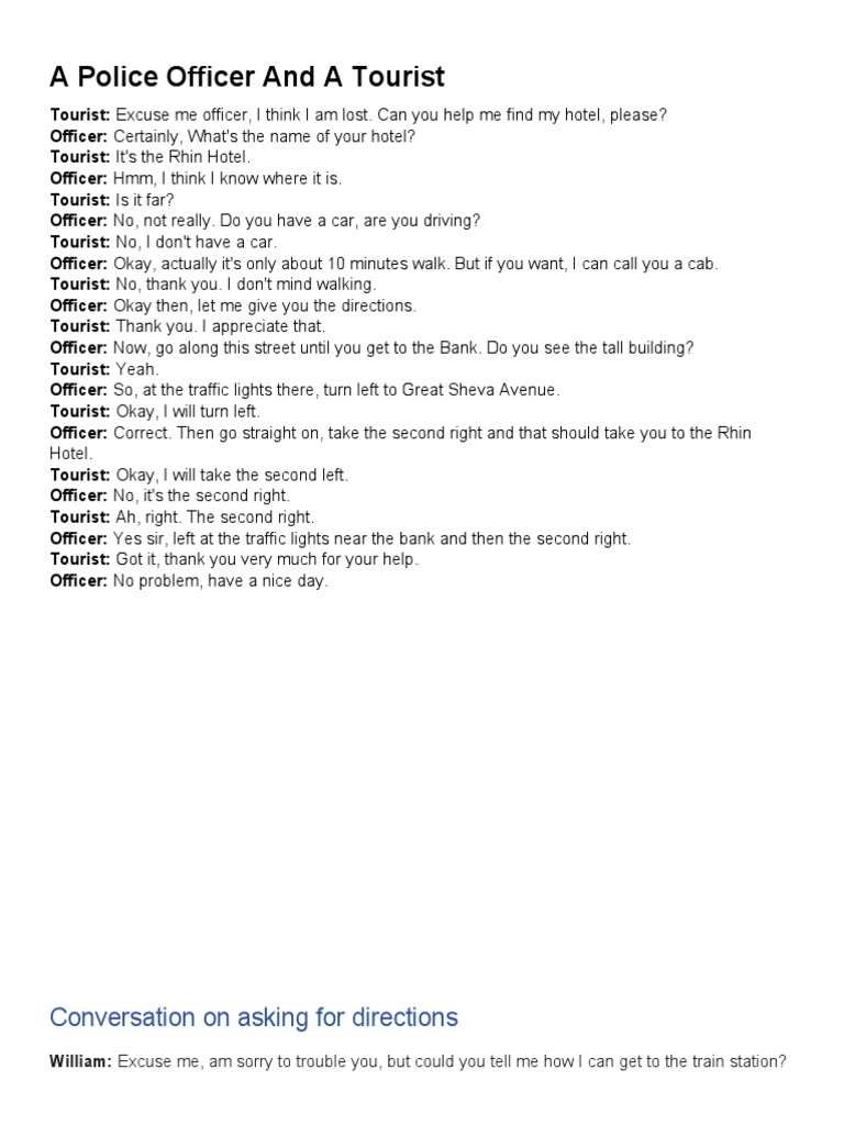 A Police Officer and A Tourist - Giving Directions | PDF