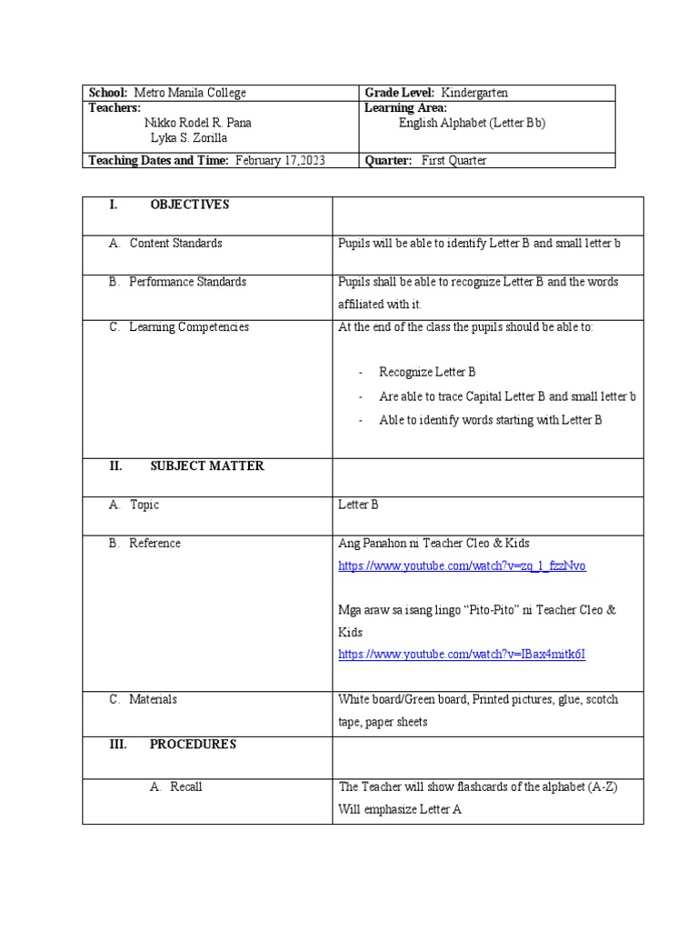 Letterb Lessonplan | PDF | Teachers | Communication