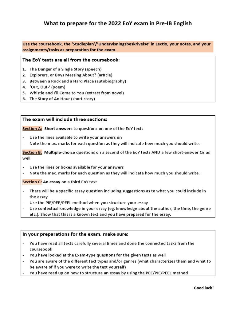What To Prepare For The Pre-IB English EoY Exam 2022 | PDF