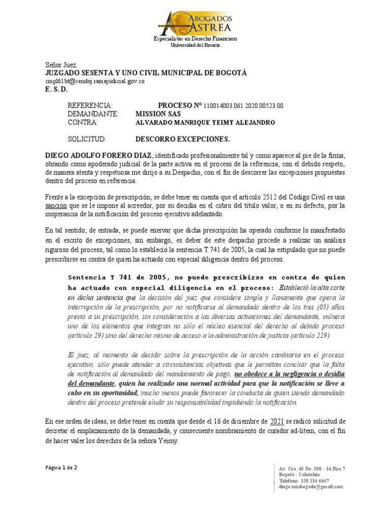 MO DESCORRE EXCEPCIONES ALVARADO MANRIQUE YEIMY ALEJANDRO No Procede ...