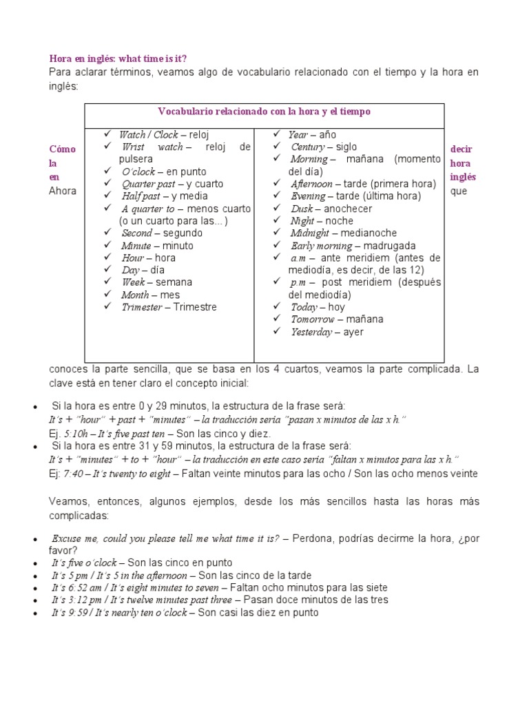 Cómo decir la hora en inglés | PDF