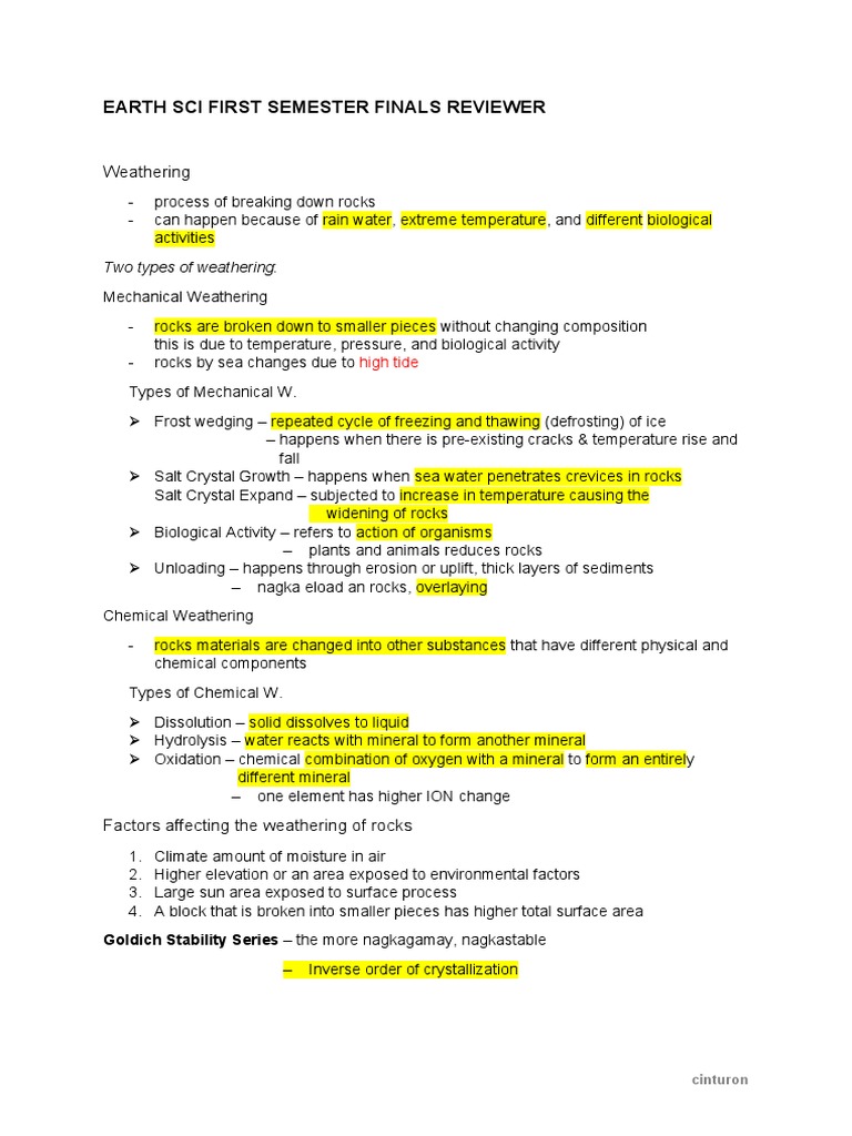 Earth Sci First Semester Finals Reviewer | PDF | Weathering | Rock ...