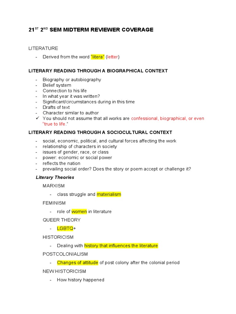 21ST 2ND Sem Midterm Reviewer Coverage | PDF | Folklore | Biography
