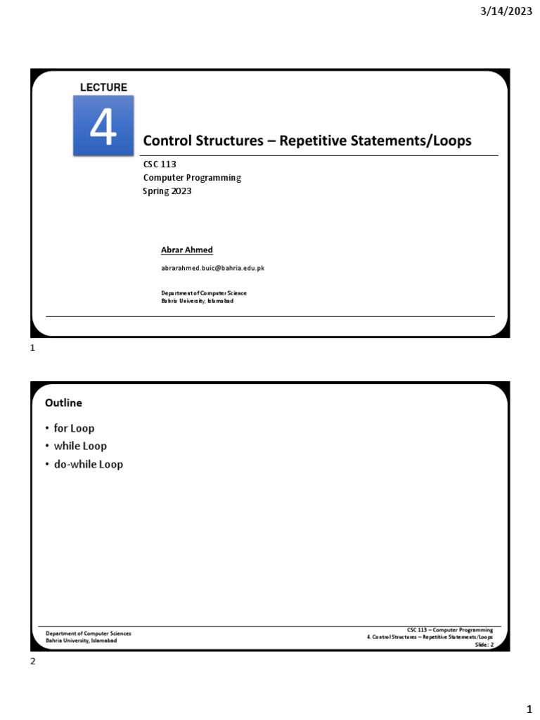 Lecture 4 Control Structures - Repetitive Statements Loops 14032023 ...