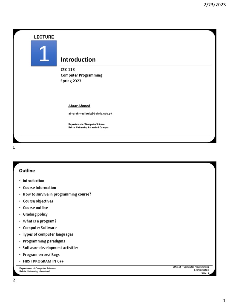 Lecture 1 Introduction 23022023 091056pm PDF | PDF | Computer Programming | Computer Program
