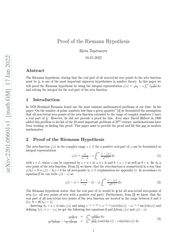 Proof of The Riemann Hypothesis: Björn Tegetmeyer 16.01.2022 | Download ...