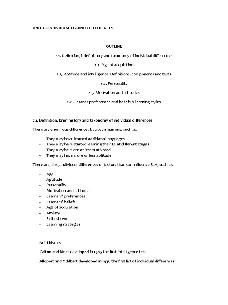 UNIT 2 - Individual Learner Differences ESL | PDF | Second Language Acquisition | Second Language