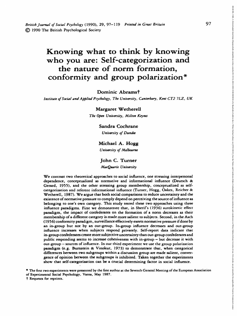 1990 Abrams Et Al Knowing What To Think by Knowing Who You Are | PDF | Conformity | Group Processes