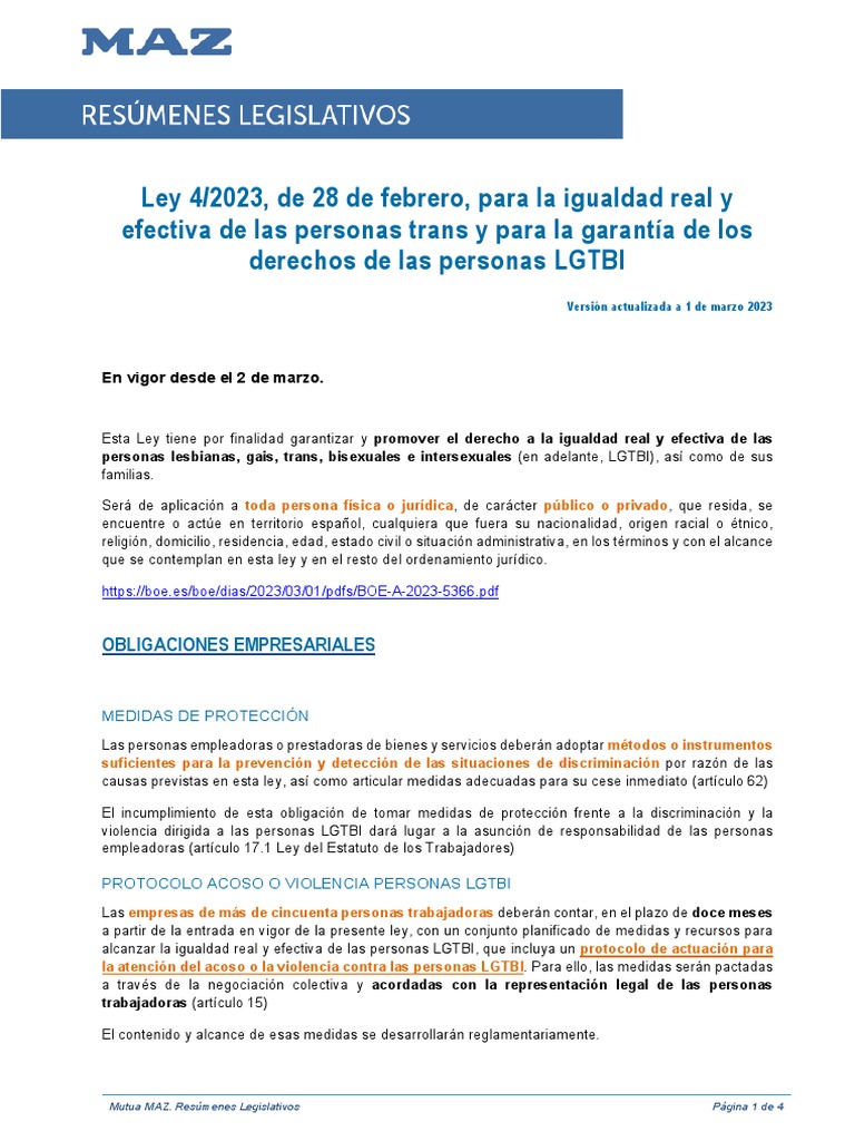 Ley 4 2023 para Igualdad Personas Trans y Garantia Derechos Personas Lgtbi | PDF ...