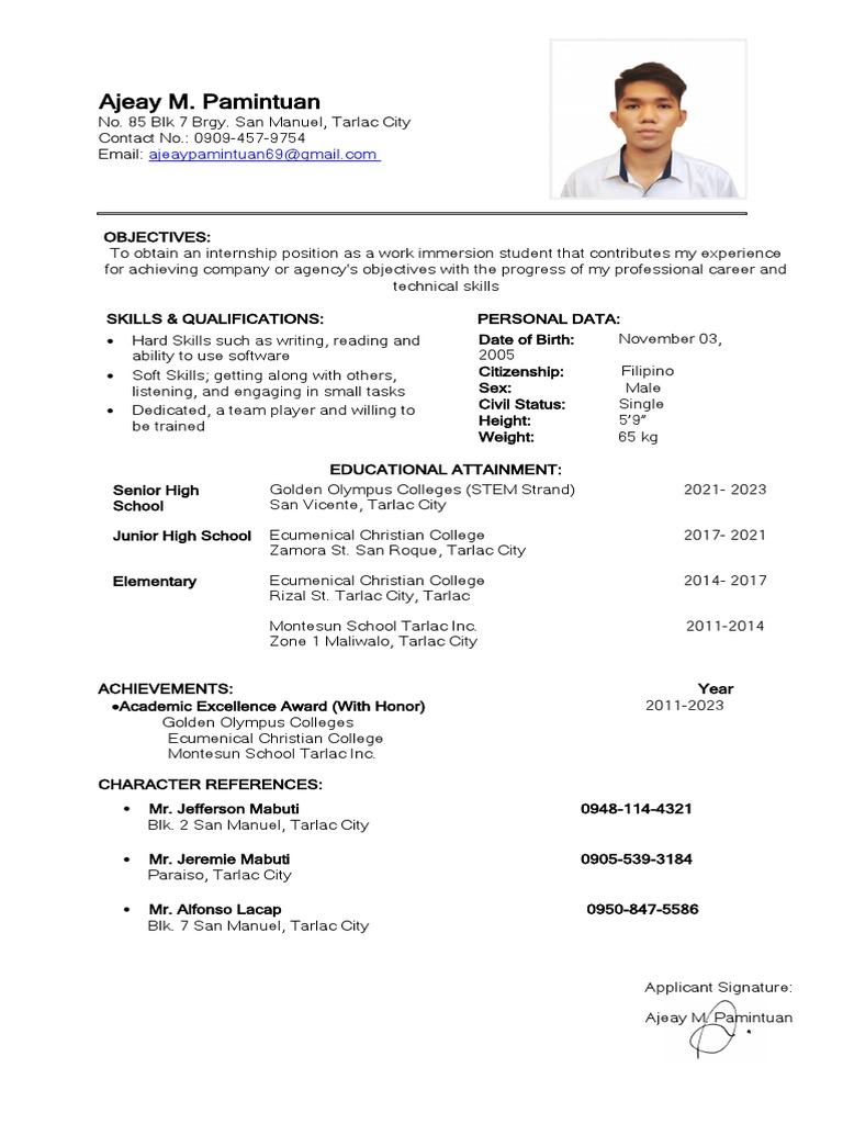 Resume Work Immersion | PDF | Cognition | Behavior Modification