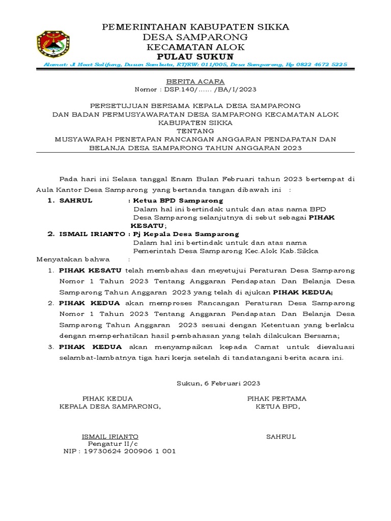 Berita Acara Penetapan APBDesa 2023 | PDF