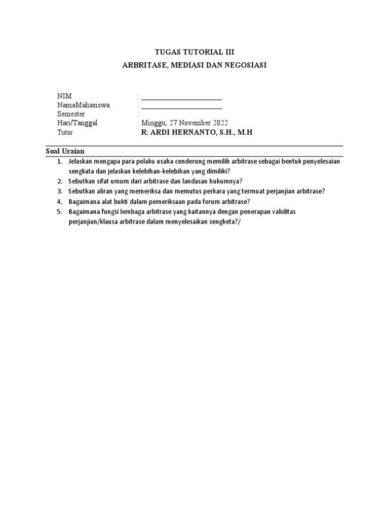 TUGAS TUTORIAL III Arbitrase | PDF