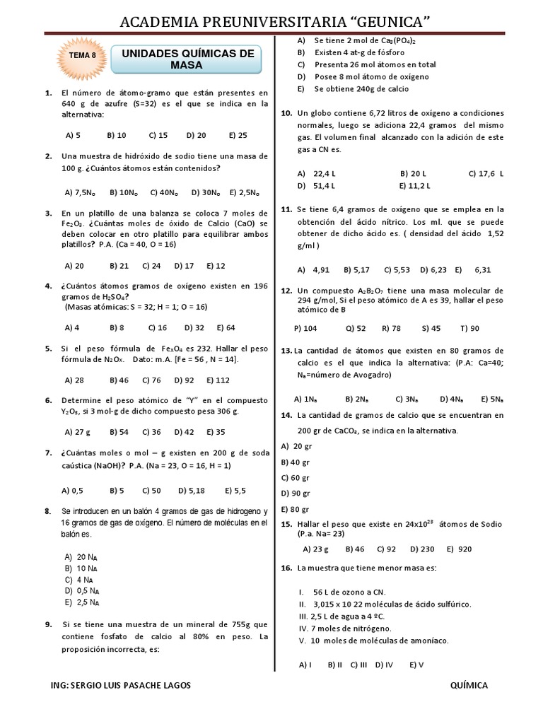 5 - Unidades Químicas de Masa | PDF | Mole (Unidad) | Oxígeno