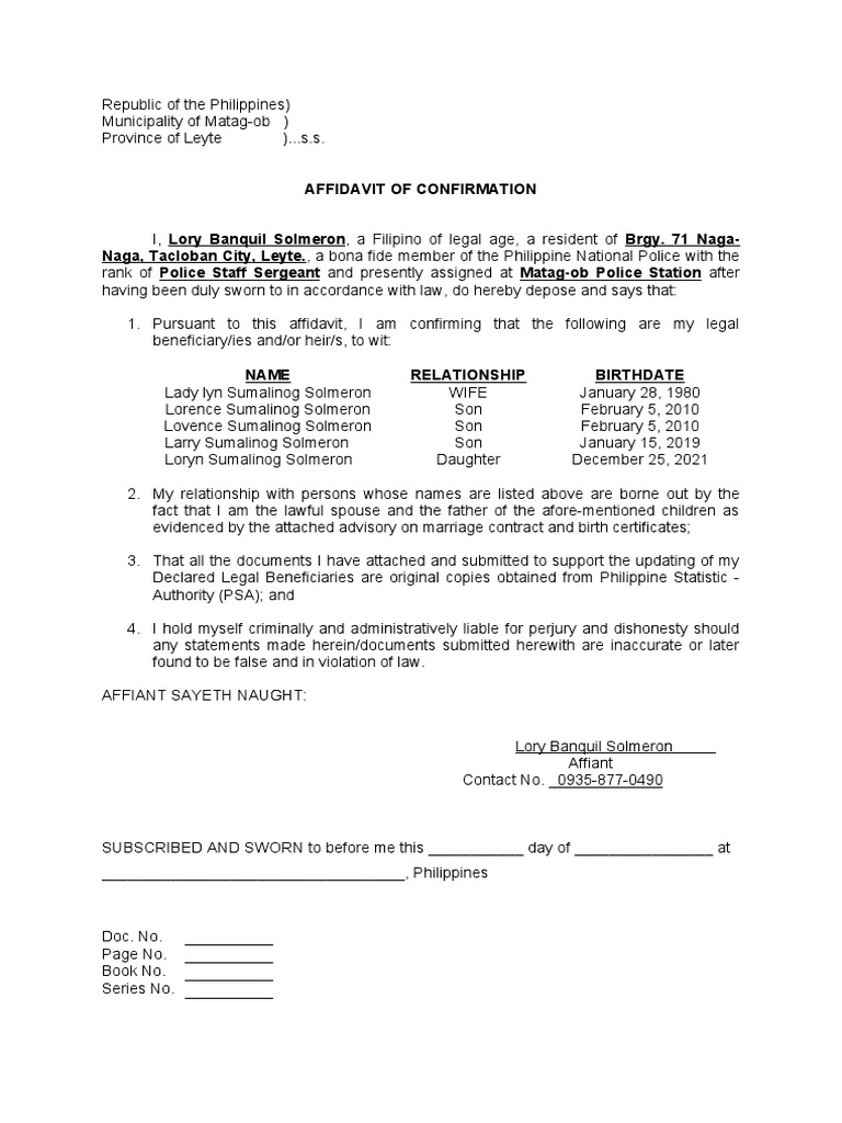 Affidavit of Confirmation for Beneficiaries | PDF