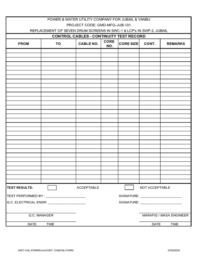 Cable Continuity Form | PDF