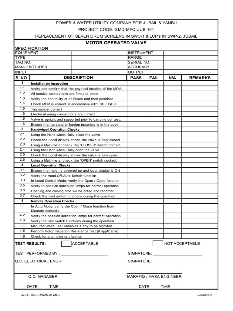 MOV Test Form | PDF | Switch | Valve