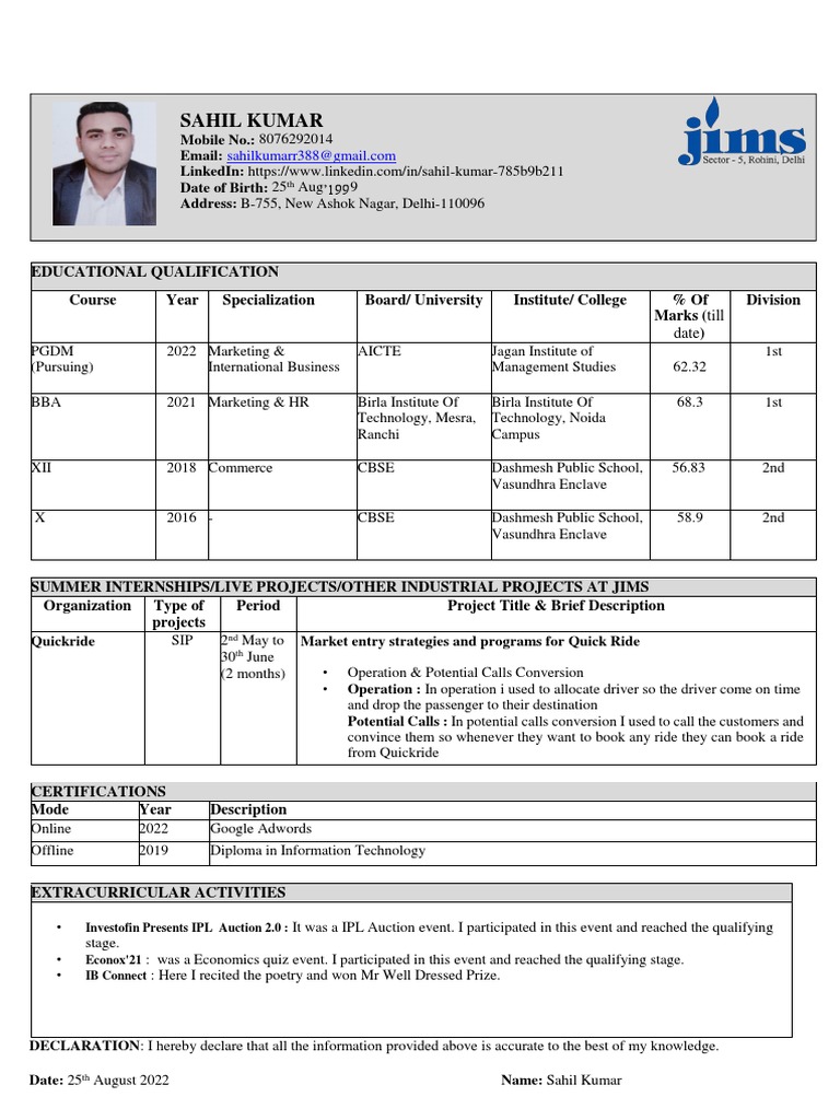 Sahil Kumar Resumef PDF | PDF | Economies | Communication