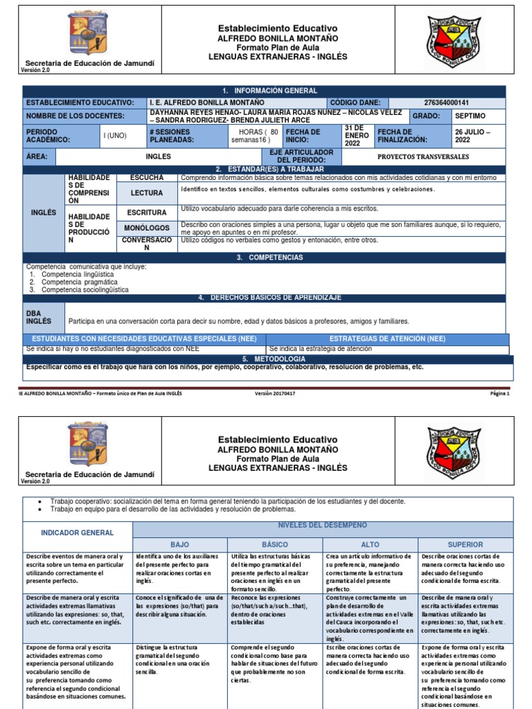 Plan de Aula de Inglés 7mo Grado | PDF | Verbo | Idioma en Inglés