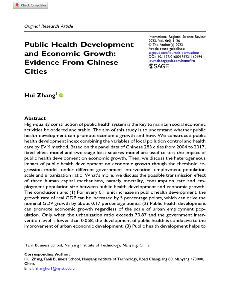 Public Health Development and Economic Growth Evidence From Chinese ...