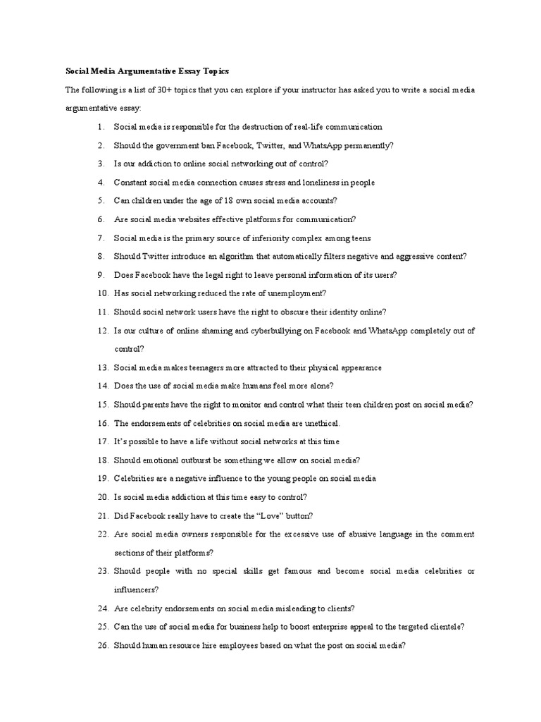 Social Media Argumentative Essay Topics | PDF | Social Media | Popular ... Social Media Argumentative Essay Topics | PDF | Social Media | Popular ...